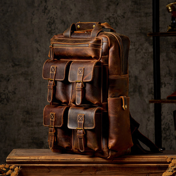 17" Retro Leather Laptop Travel Backpack, Full Grain Leather Backpack ...