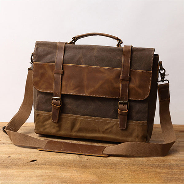 Handmade Waxed Canvas Leather Briefcase, Canvas Mens Messenger Laptop ...