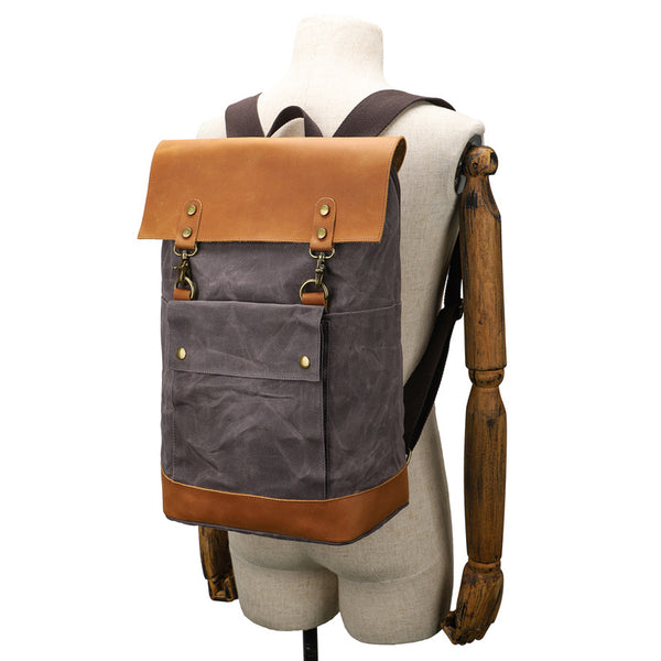 Waterproof Canvas Travel Backpack Full Grain Leather And Canvas Laptop ...