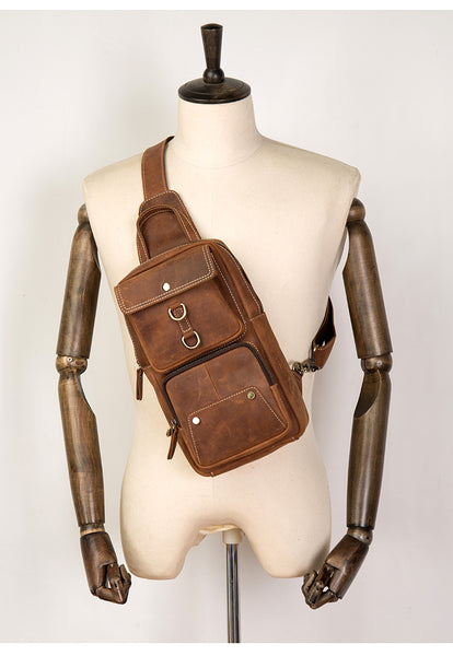Men Retro Chest Bag Full Grain Leather Chest Pack Casual Messenger Bag ...