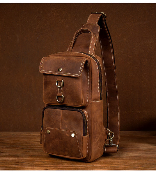 Men Retro Chest Bag Full Grain Leather Chest Pack Casual Messenger Bag ...