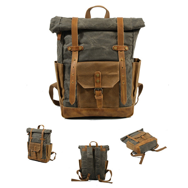Wax Canvas With Full Grain Leather Travel Backpack Waterproof Waxed Ca ...
